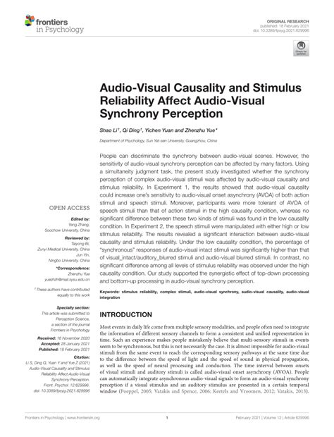 Pdf Audio Visual Causality And Stimulus Reliability Affect Audio