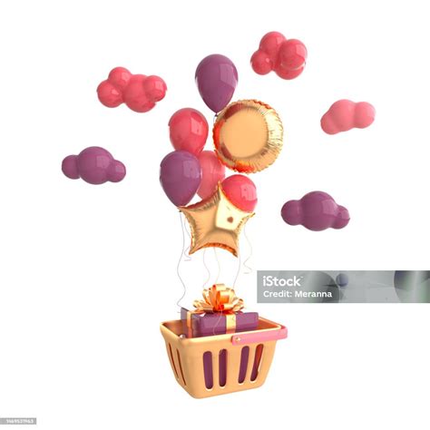 광택 있는 다채로운 풍선 쇼핑 카트 구름 및 선물 상자 세트 온라인 쇼핑 개념입니다 흰색으로 분리된 3d 렌더링 구매에 대한