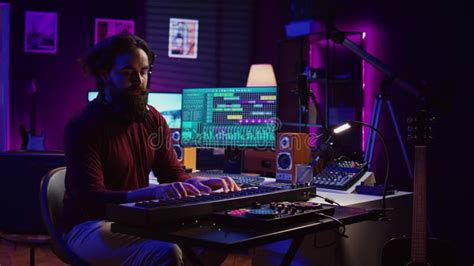 Sound Engineer Playing Electronic Piano Keyboard And Recording Sounds