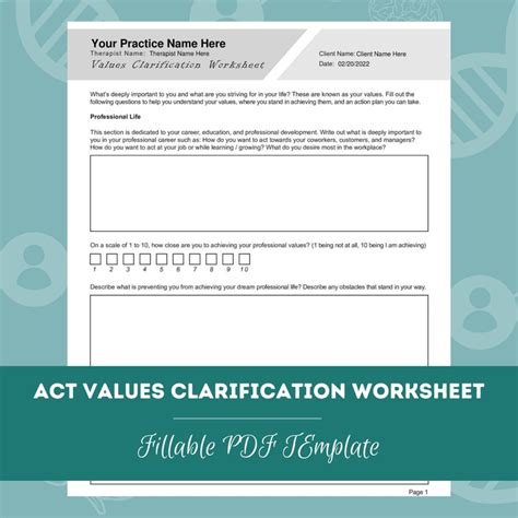 ACT Values Clarification Worksheet Editable Fillable PDF For Counselors Psychologists