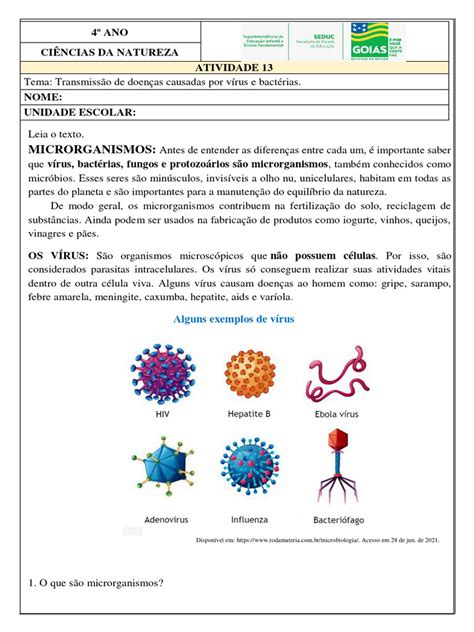 Atividade 13 4 O Ano Ciencia Da Natureza Tema Transmissao De Doencas