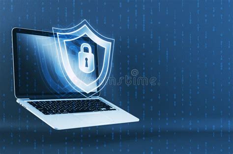 close up of pc with creative digital security padlock and shield