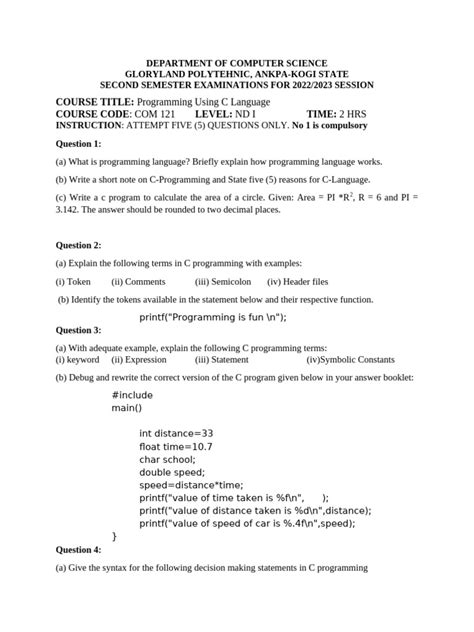Com 121 Pdf C Programming Language Computer Program