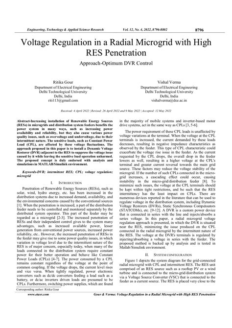 Pdf Voltage Regulation In A Radial Microgrid With High Res Penetration Approach Optimum Dvr