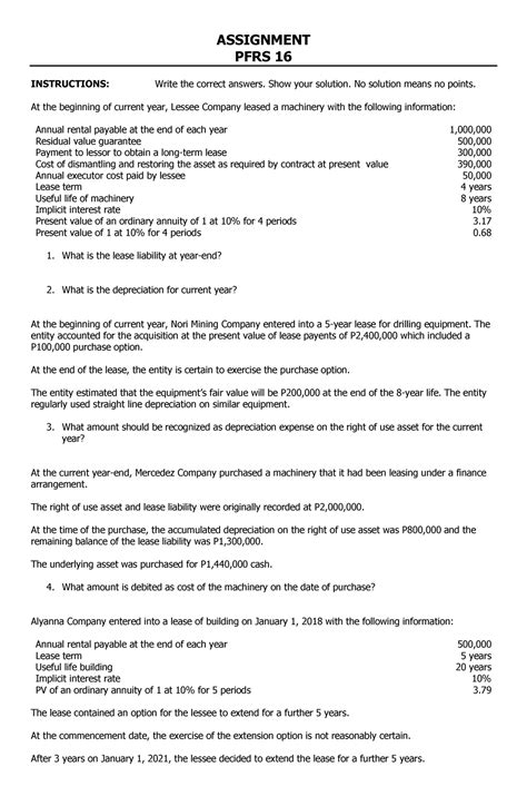 Pdfcoffee Cctto ASSIGNMENT PFRS 16 INSTRUCTIONS Write The Correct Answers Show Your