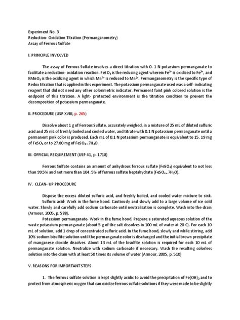Experiment No 3 Permanganometry Pdf Redox Titration