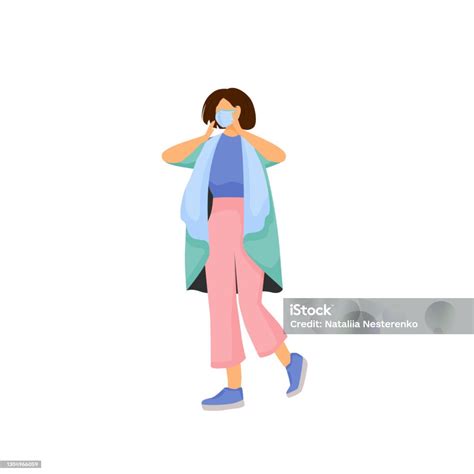 얼굴 마스크 평평한 색상 벡터 얼굴없는 캐릭터에 여자 더러운 공기로부터 입 보호 인플루엔자 바이러스 예방 조치 호흡 위생 아픈