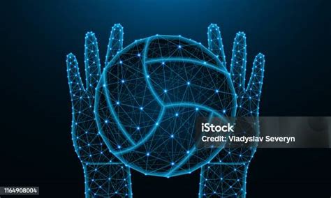 손과 공 배구 낮은 폴리 디자인 다각형 스타일의 스포츠 게임 캐치 또는 어두운 파란색 배경에 포인트와 선으로 만든 볼 와이어 프레임 벡터 그림을 던져 배구에 대한 스톡 벡터