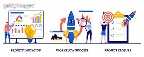 Project Initiation And Closure Workflow Process Concept With Tiny People Project