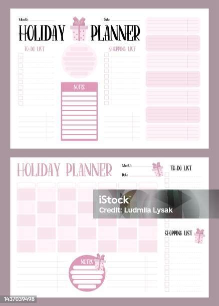 휴일 플래너 세트 주최자 월 달력 할 일 목록 쇼핑 목록 및 메모 벡터 그림입니다 새해 크리스마스 축제 디자인 인쇄 장식 문구를 위한 수평 템플릿입니다 소매 소비자주의에