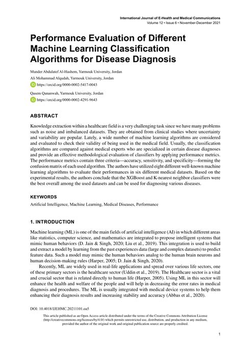 PDF Performance Evaluation Of Different Machine Learning Classification Algorithms For Disease