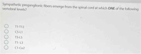 Solved Sympathetic Preganglionic Fibers Emerge From The Spinal Cord At