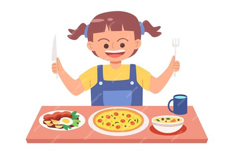 Menina Comendo Muita Comida Vetor Premium