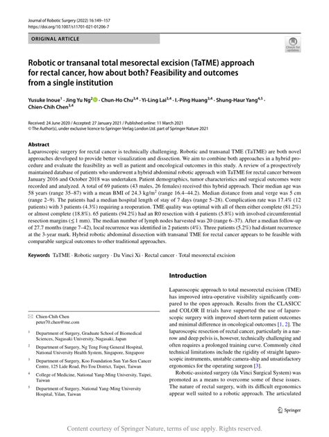 Robotic Or Transanal Total Mesorectal Excision Tatme Approach For Rectal Cancer How About