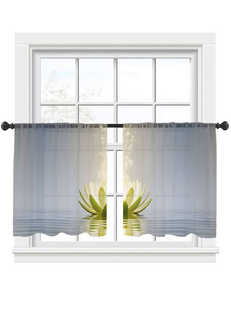 Green Floral Sheer Curtains 2 Panels Set Modern Zen Lotus Flower