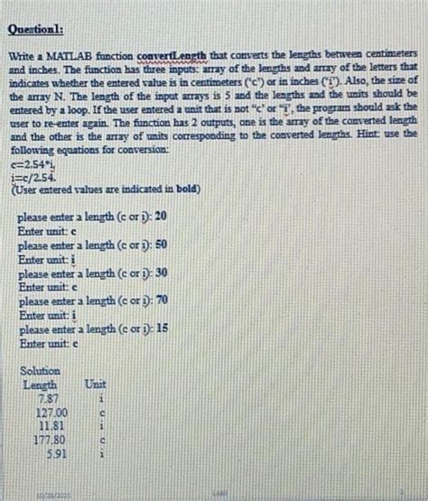 Solved Questionl Write A Matlab Function Convertlength That