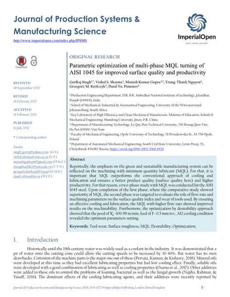 Pdf Parametric Optimization Of Multi Phase Mql Turning Of Aisi 1045 For Improved Surface