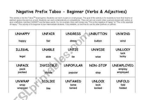 Negative Prefix Taboo Beginner Verbs And Adjectives Esl Worksheet