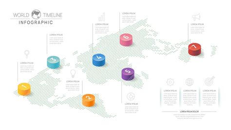 비즈니스용 인포그래픽 타임라인 다이어그램 템플릿 7단계 벡터 인포그래픽 흐름도 프레젠테이션을 위한 세계 지도가 있는 최신 로드맵