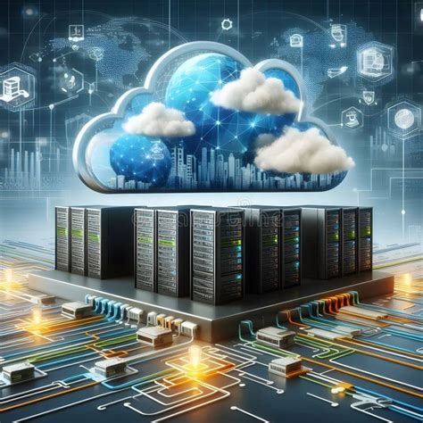 A Digital Cloud Hovers Above A Server Rack And Circuit Board Illustrating Data Storage And