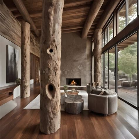 Illustration Of A Tree Trunk Columns In A Modern House Stock