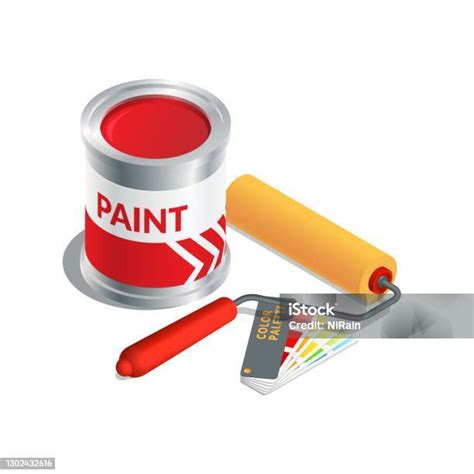 흰색 배경에 격리 된 등색 벡터 일러스트 페인트 버킷 페인트 롤러 및 색상 팔레트 가이드 사실적인 페인트 캔과 플랫 만화 스타일의 브러시 아이콘 리노베이션 및 재건축 벽에