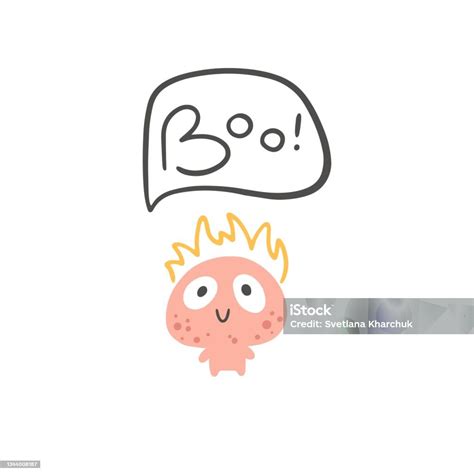 머리에 불이 달린 괴물 말한다 우우 간단한 손으로 그린 스칸디나비아 스타일의 귀여운 만화 캐릭터 벡터 유치한 낙서 일러스트레이션 아기 카드 옷 인쇄 0명에 대한 스톡 벡터