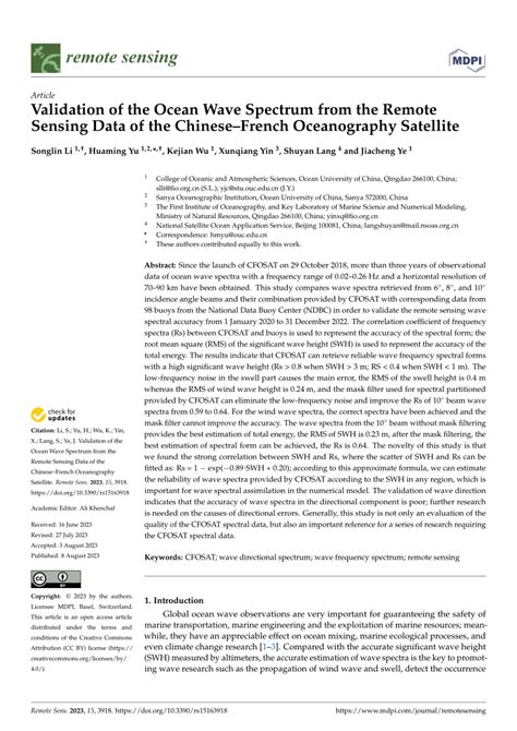 PDF Validation Of The Ocean Wave Spectrum From The Remote Sensing Data Of The ChineseFrench