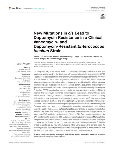 Download Pdf New Mutations In Cls Lead To Daptomycin Resistance In A