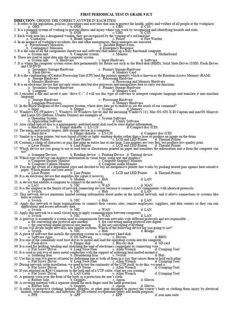 First Periodical Test In Grade 9 Ict Css 2023 2024 Pdf Computer Data Storage Computer
