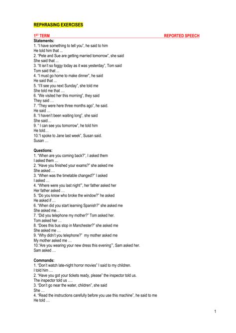 rephrasing exercises 1st term reported speech