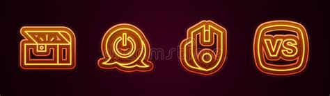 Set Line Chest For Game Power Button Computer Mouse And VS Versus Battle Glowing Neon Icon