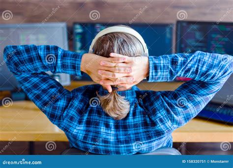 software developer freelancer working with program code stock image
