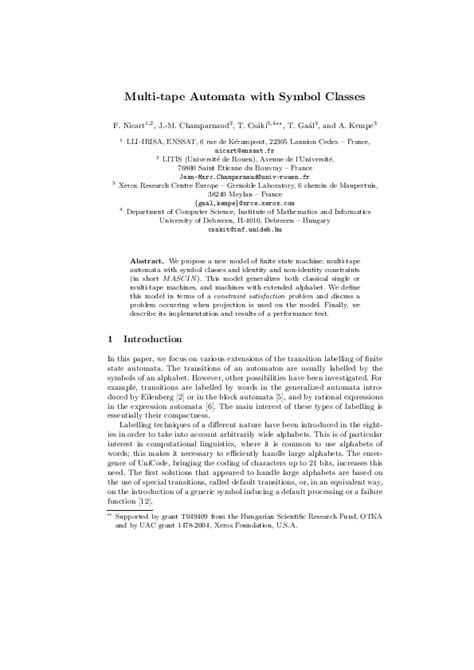 Pdf Multi Tape Automata With Symbol Classes