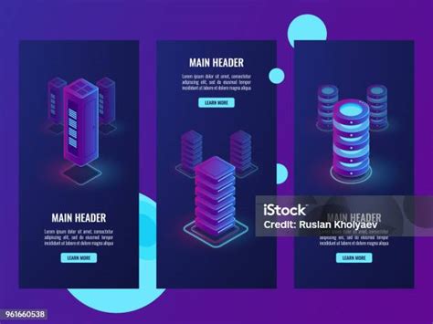 배너 서버 룸 랙 아이소메트릭 벡터 네트워킹 영역 데이터 센터 클라우드 스토리지 집합이 데이터베이스 아이콘 자외선 보라색 검색
