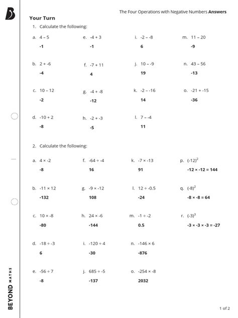 The Four Operations With Negative Numbers Answers Pdf