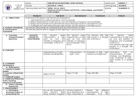 WEEK 9 Lecture Notes In Science 7 K TO 12 DAILY LESSON LOG School