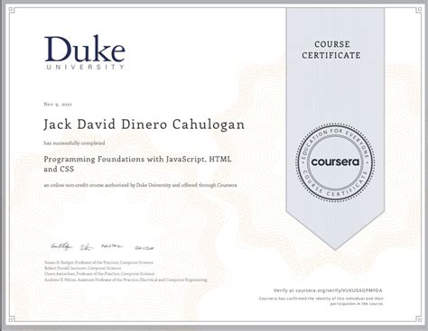 Jack David Cahulogan On Linkedin Coursera Dukeuniversity Javascript