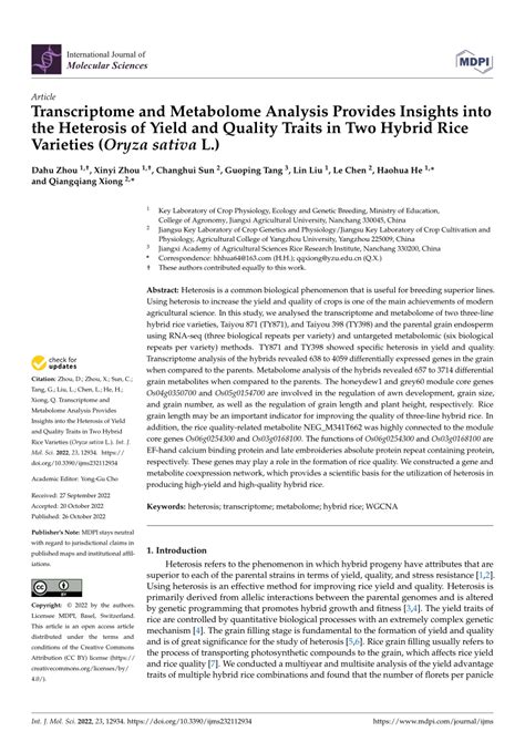 Pdf Transcriptome And Metabolome Analysis Provides Insights Into The Heterosis Of Yield And