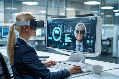 professional woman using vr in a high tech office highlighting the