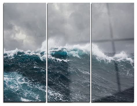 Roaring Waves Under Cloudy Sky Metal Wall Art 3 Panels 36x28 36