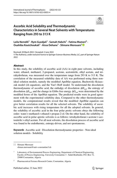 Pdf Ascorbic Acid Solubility And Thermodynamic Characteristics In