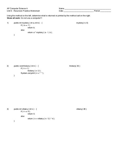 Fillable Online Unit 9 Recursion Practice Worksheet Fax Email Print Pdffiller