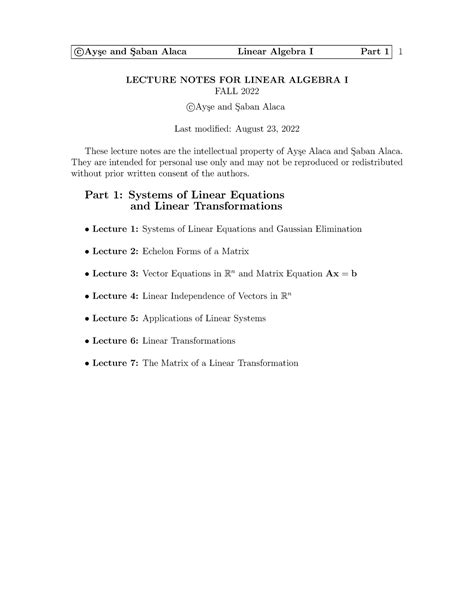 Linear Algebra 1 Lecture Notes Part1 Ver1 F2022 Lecture Notes For Linear Algebra I Fall 2022
