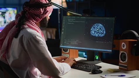 Arab Admin Using Computer To Visualize Artificial Intelligence Neural Networks Made Up Of
