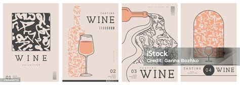 현대 라인 아트 잡지 표지 또는 포스터 와인 병 안경 및 추상적 인 질감 세트 레스토랑 메뉴 디자인 벡터 일러스트 레이 션 개체 그룹에 대한 스톡 벡터 아트 및 기타 이미지