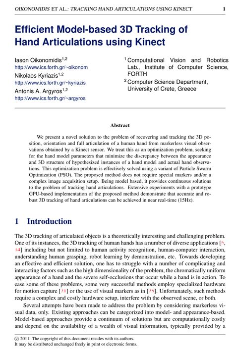 PDF Efficient Model Based D Tracking Of Hand Articulations Using Kinect