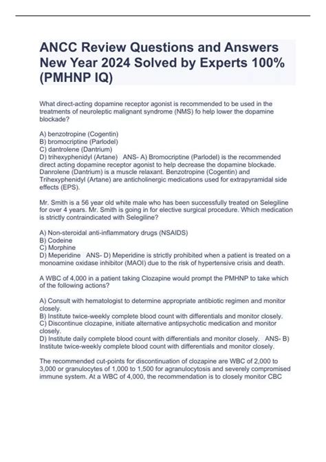 Ancc Review Questions And Answers New Year 2024 Solved By Experts 100 Pmhnp Iq Pmhnp Stuvia Us