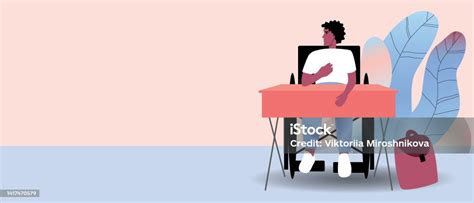 휠체어를 탄 장애인 여학생은 학교의 교실에서 가르치며 텍스트를위한 장소가있는 템플릿으로 나뭇잎이있는 평평한 벡터 스톡 일러스트