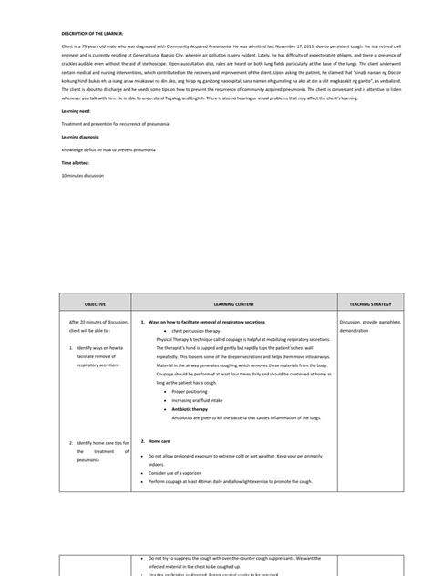 Teaching Plan For Adult Pneumonia Pdf